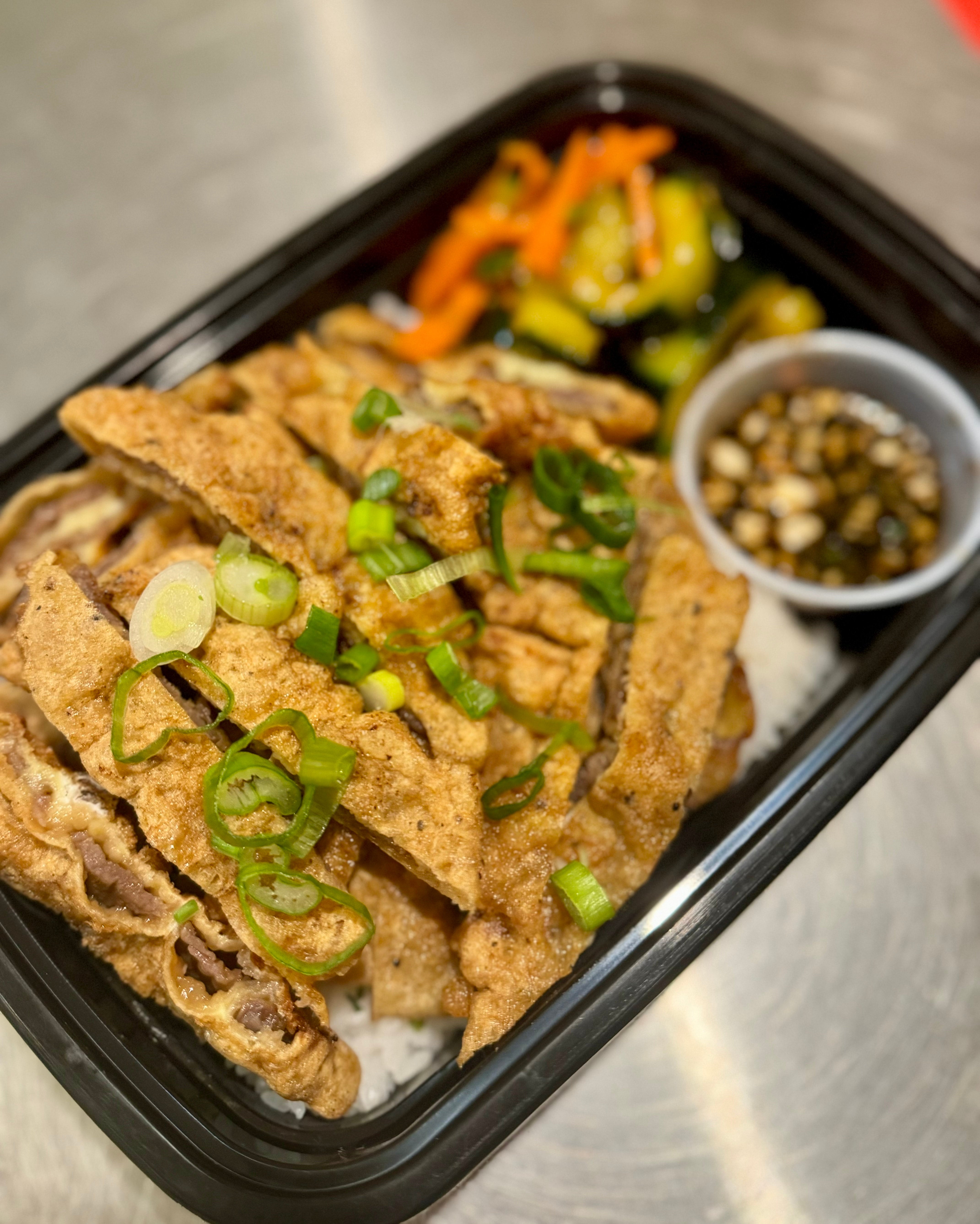 Meat Jun & Cucumber Kimchi Bento | SweetJules Kitchen